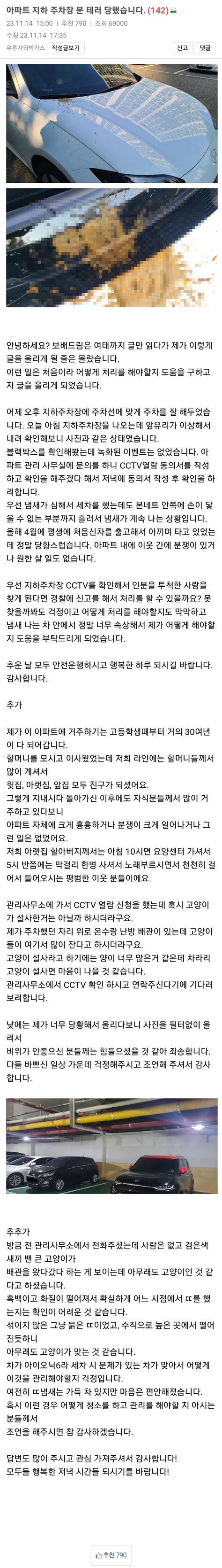 혐 아파트 지하주차장 고양이 똥테러 당했는데 보배회원 유머움짤이슈 에펨코리아