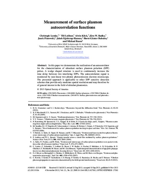 Pdf Measurement Of Surface Plasmon Autocorrelation Functions