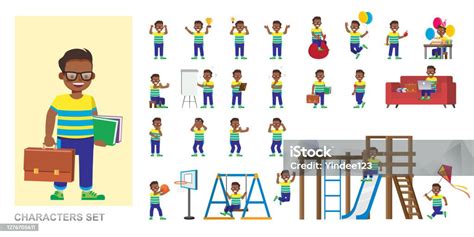 키드 캐릭터 벡터 디자인 세트 소년은 노란색 티셔츠를 입고 놀고 있습니다 감정 달리기 서서 걷기와 함께 다양한 액션으로 프리젠