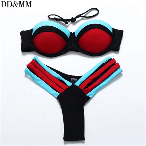 Ddandmm Bikini New Sexy Women Brazilian Bikini Push Up Padded Color Block
