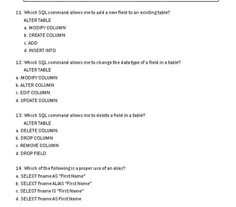 Solved 11 Which SQL Command Allows Me To Add A New Field To Chegg Com