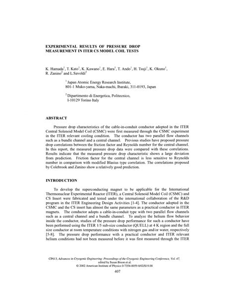 Pdf Experimental Results Of Pressure Drop Measurement In Iter Cs