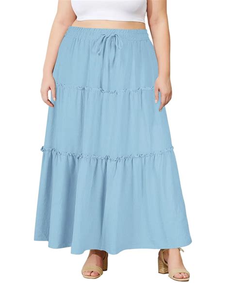 Plus Size Boho Maxi Skirt A Line Flowy Light Blue丨moon Wood
