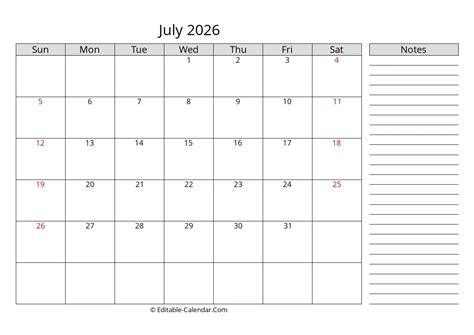 Download July 2026 Calendar With Notes Weeks Start On Sunday