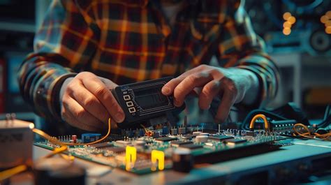 Premium Photo Electronics Technician Wearing A Plaid Shirt Uses A