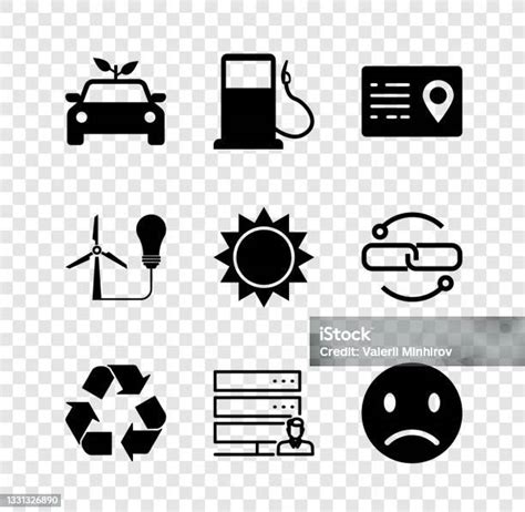 에코 자동차 컨셉 드라이브 가솔린 또는 주유소 주소서 재활용 기호 고객 관리 서버 슬픈 미소 풍력 터빈 및 태양 아이콘이있는 전구를 설정합니다 벡터 상징에 대한 스톡 벡터