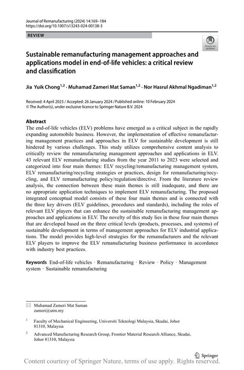 Sustainable Remanufacturing Management Approaches And Applications