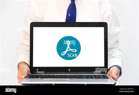 Adobe Scan Application Is Opened On Laptop Man Holding A Laptop Showing Adobe Scan Editorial