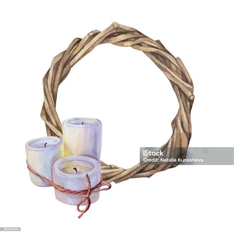 버드 나무 가지의 수채화 화환 와 복사 공간 와 촛불 와 백색 배경 고립된 와 갈색 손으로 그린 클립 아트 축하 부활절 드림캐쳐를 위한 보헤미안 장식 벽지 포장 0명에 대한