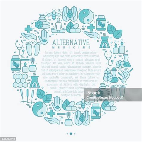 원 선 아이콘에서에서 대체 의학 개념 배너 인쇄 미디어 또는 요가 웰빙 Ayurveda 중국 의학 침술 전체적 센터에 대 한 웹 사이트의 벡터 그림 개념에 대한 스톡 벡터