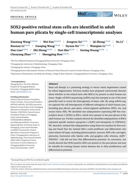 Pdf Sox2‐positive Retinal Stem Cells Are Identified In Adult Human