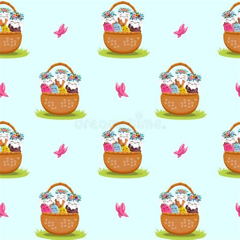 Easter Seamless Pattern With Funny Sweets Cupcake Cake Dessert With Easter Symbols Vector