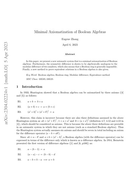 Pdf Minimal Axiomatization Of Boolean Algebras