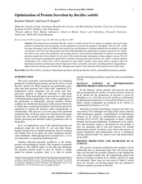 Pdf Optimization Of Protein Secretion By Bacillus Subtilis