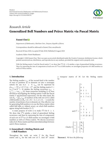 Pdf Generalized Bell Numbers And Peirce Matrix Via Pascal Matrix
