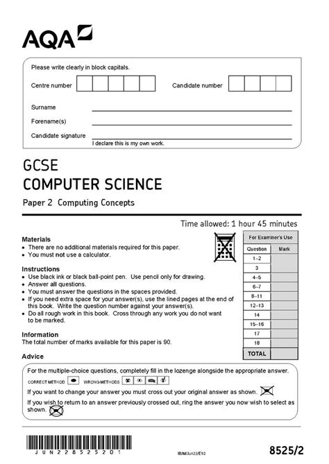 Aqa Gcse Computer Science Paper 2 June 2022 Question Paper 85252