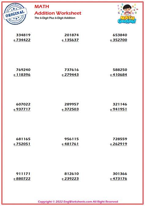Addition 6 Digit Worksheets Worksheets And Exercise Engworksheets