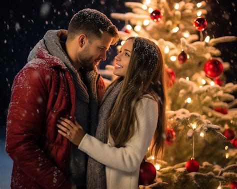 Premium Ai Image A Couple Embracing Under A Christmas Tree In The