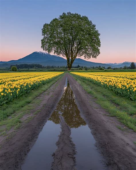 Scenic Spring Landscape Yellow Tulips Tree Mountain Sky Path Road Dirt