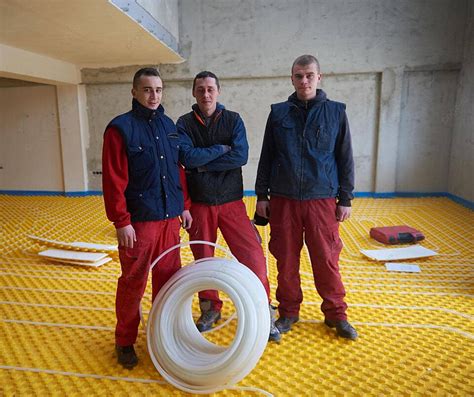 Workers Installing Underfloor Heating System Structure Underfloor Convection Photo Background
