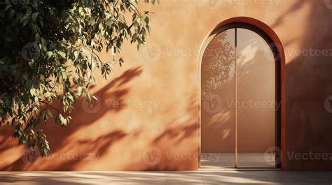 Aesthetic Arch Window Shape On Brown Wall With Shadow Leaves Tree