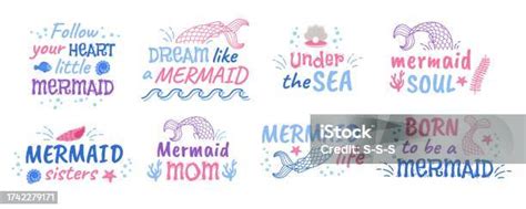 인어 따옴표 인어 레터링 슬로건 티셔츠 프린트 또는 소녀 스크랩북 꼬리가 있는 귀여운 공주의 글꼴 문구 수중 바다 개념의 독창적인 벡터 일러스트레이션 0명에 대한 스톡 벡터