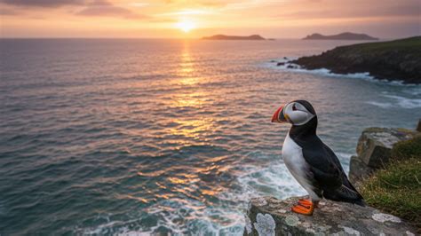 Puffin Perched On A Coastal Cliff At Sunset Overlooking The Ocean