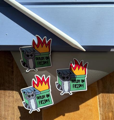 Deploy On Friday Sticker Funny Tech Sticker Dumpster Fire With Raccoon Devops Software