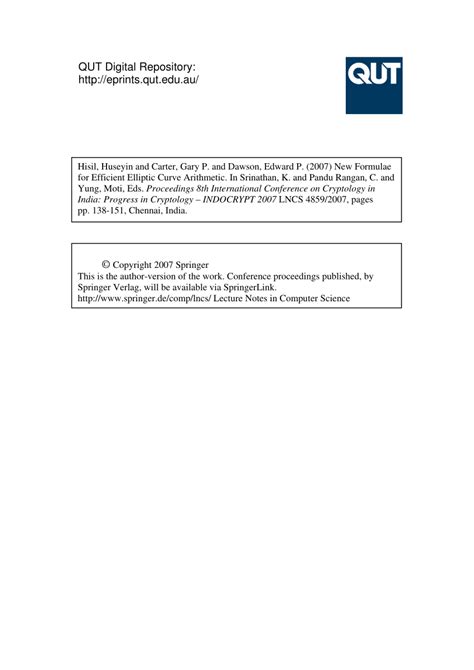 Pdf New Formulae For Efficient Elliptic Curve Arithmetic