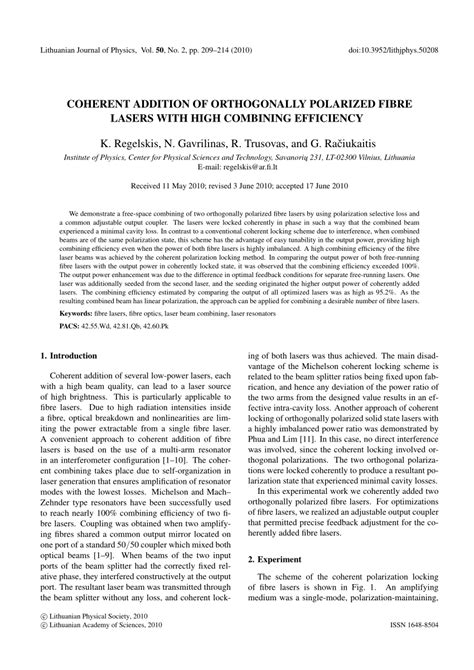 Pdf Coherent Addition Of Orthogonally Polarized Fibre Lasers With High Combining Efficiency