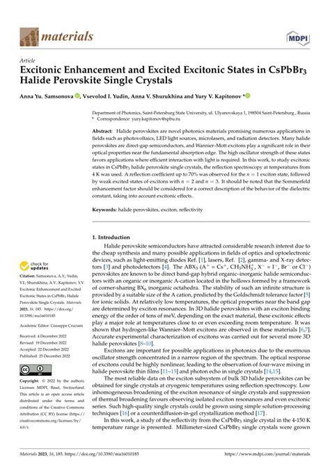 Pdf Excitonic Enhancement And Excited Excitonic States In Cspbbr3 Halide Perovskite Single