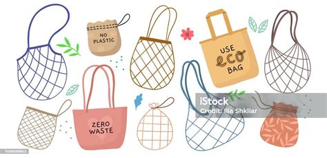 비어있는 코튼 에코 백과 끈 폐기물 제로 쇼핑객 메쉬 종이 및 캔버스 패키지 유기농 직물 재사용 가능한 개체 벡터 세트 가방에