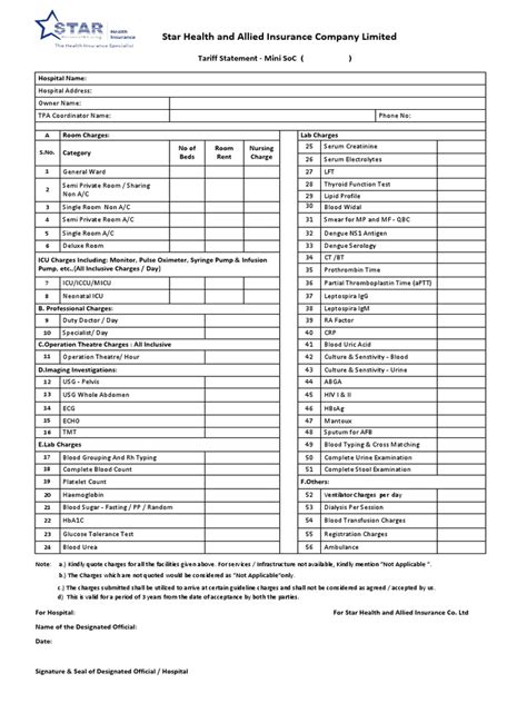 Hospital Document Tariff Statement Mini Soc Pdf Clinical Medicine