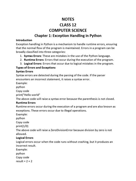 Class Xii Computer Science Notes Chapter 1 Chapter 1 Exception Handling In Python Pdf
