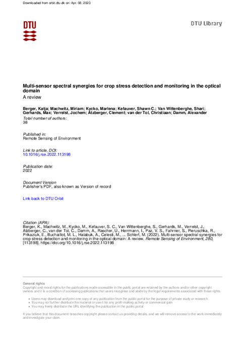 Pdf Multi Sensor Spectral Synergies For Crop Stress Detection And Monitoring In The Optical