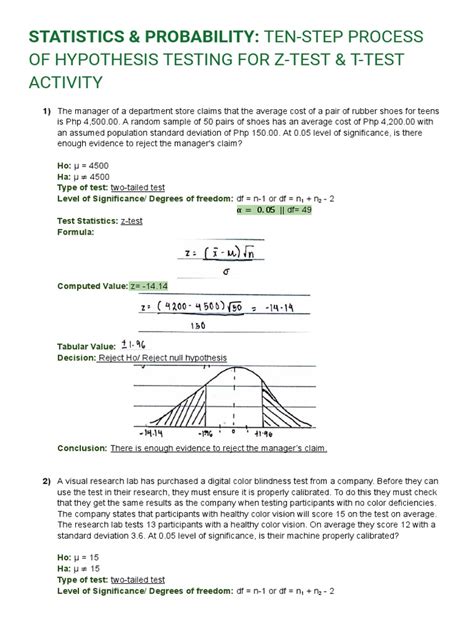 Statistics Z Test And T Test Problem Involving Ten Step Process Of Hypothesis Testing Pdf
