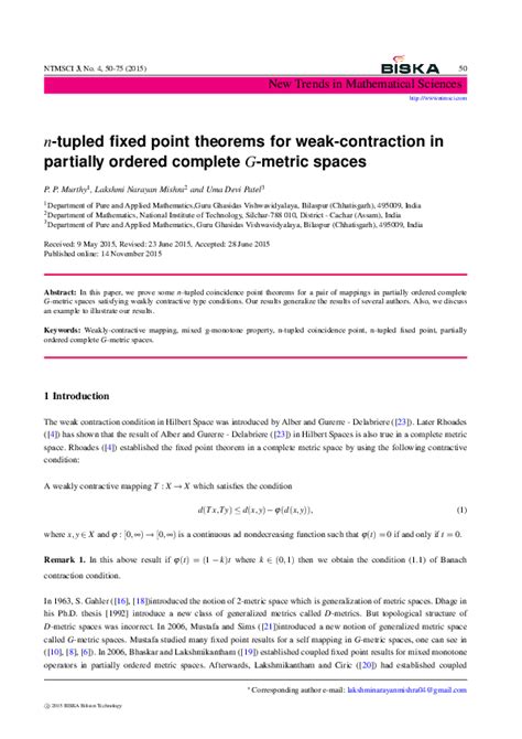 Pdf N Tupled Fixed Point Theorems For Weak Contraction In Partially Ordered Complete G Metric