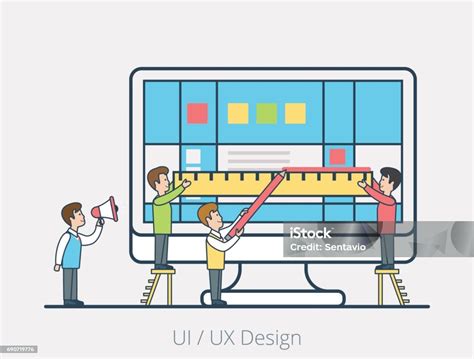 선형 평면 마이크로 사람 팀 지도자 관리 프로세스 벡터 일러스트 레이 션 모니터 화면에 선 그리기 사용자 인터페이스 개발 개념입니다 개발에 대한 스톡 벡터 아트 및 기타