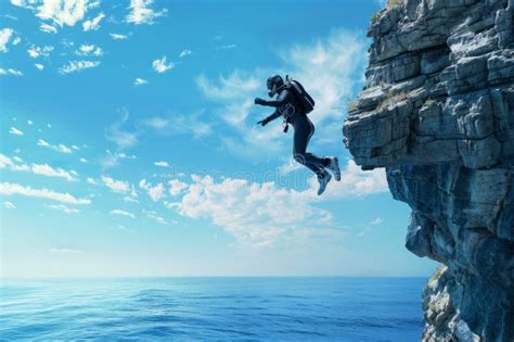 A Person Jumps Off A Cliff Into Clear Blue Water Under A Bright Sky Conceptualize The Thrill Of