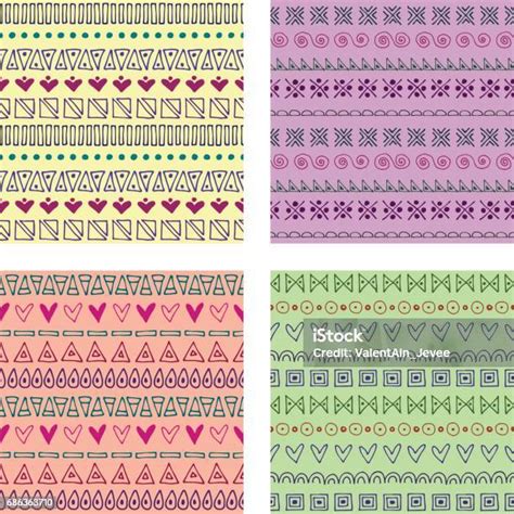 원활한 벡터 패턴의 집합입니다 손으로 그린 도형 삼각형 원 점 선 간단한 그래픽 디자인으로 다채로운 기하학적 끝 없는 배경 반복