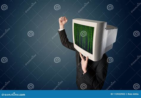 Cyber Human With A Monitor Screen And Computer Code On The Display