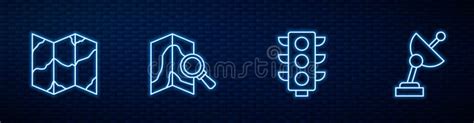 set line traffic light folded map search location and radar glowing
