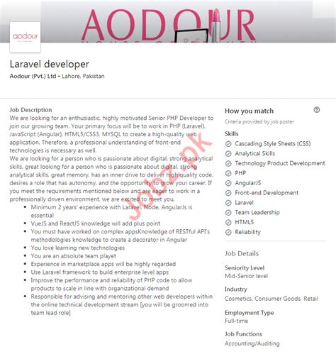Laravel Developer Jobs In Aodour Private Limited 2024 Job Advertisement