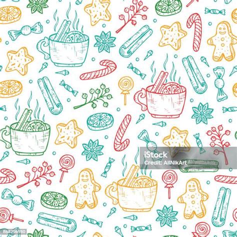 새 해와 크리스마스 완벽 한 패턴입니다 향신료와 크리스마스 진저 쿠키 와인 Mulled 낙서 그려 손 따뜻한 와인입니다 크리스마스 배경 화면입니다 벡터 크리스마스 배경입니다