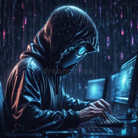 Hacker In Hoodie And Hood Hacker In Hoodie And Hood Hacker With Computer And Laptop On Dark