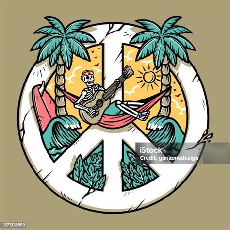 Skull Playing Guitar On The Beach With Peace Symbols Stock Illustration