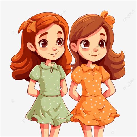 Two Sisters Vector Sticker Clipart Two Cartoon Girls Wearing Orange