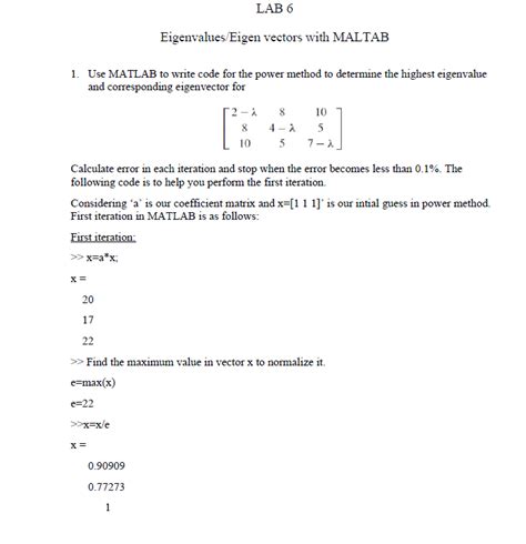 Solved LAB Eigenvalues Eigen Vectors With MALTAB Use Chegg