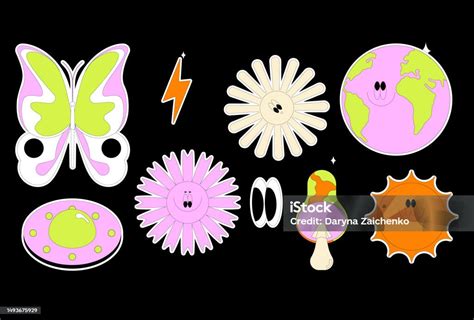 70년대 레트로 히피 스티커 사이키델릭한 그루비 요소 만화 펑키 버섯 꽃 나비 비행 접시 1970 1979 년에 대한 스톡 벡터