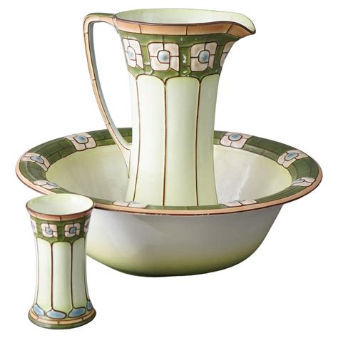 Antique Arts Andcrafts Mission Porcelain Stylized Ecla Bowl And Pitcher